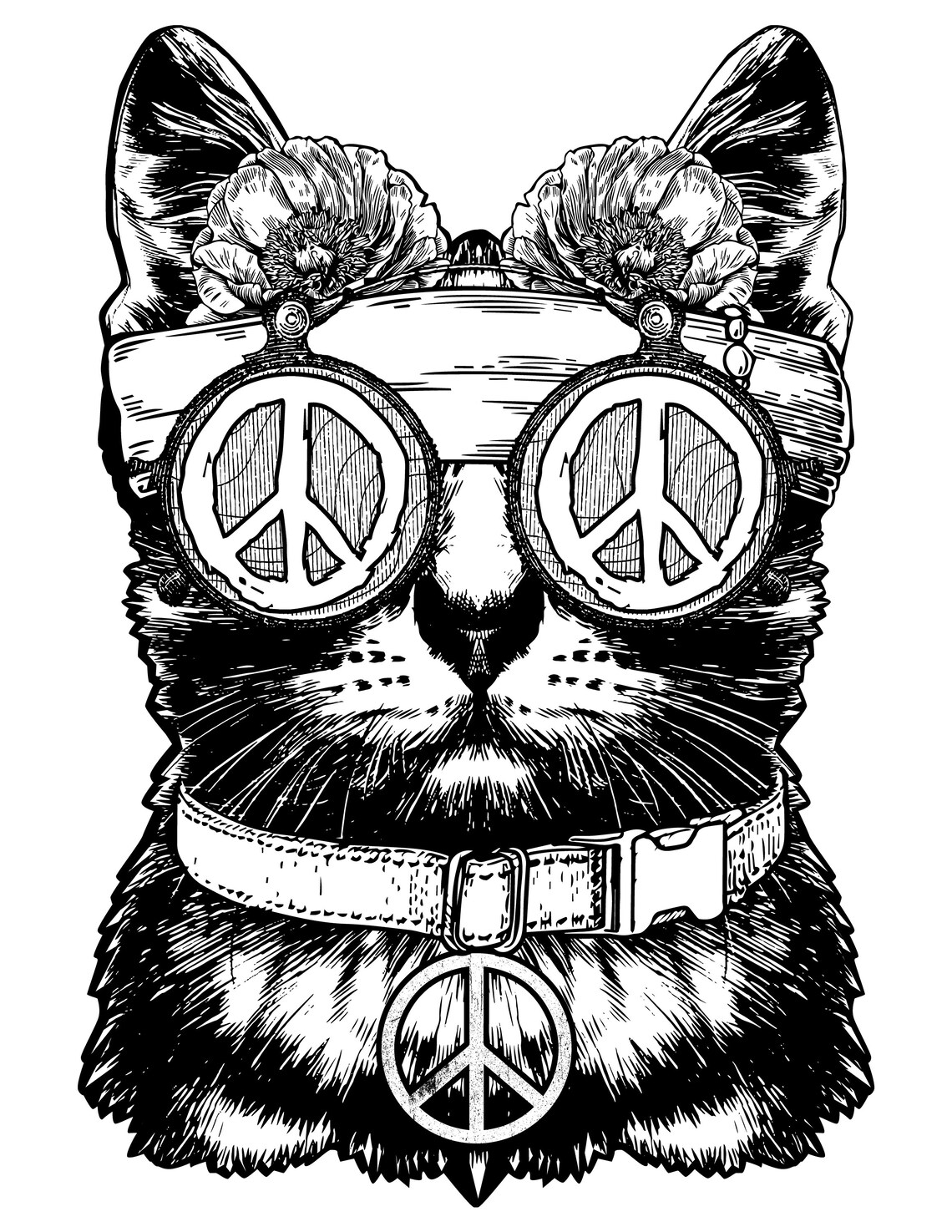 Hippie Cat Peace Sign Printable / Digital Download / Retro Cat Coloring ...