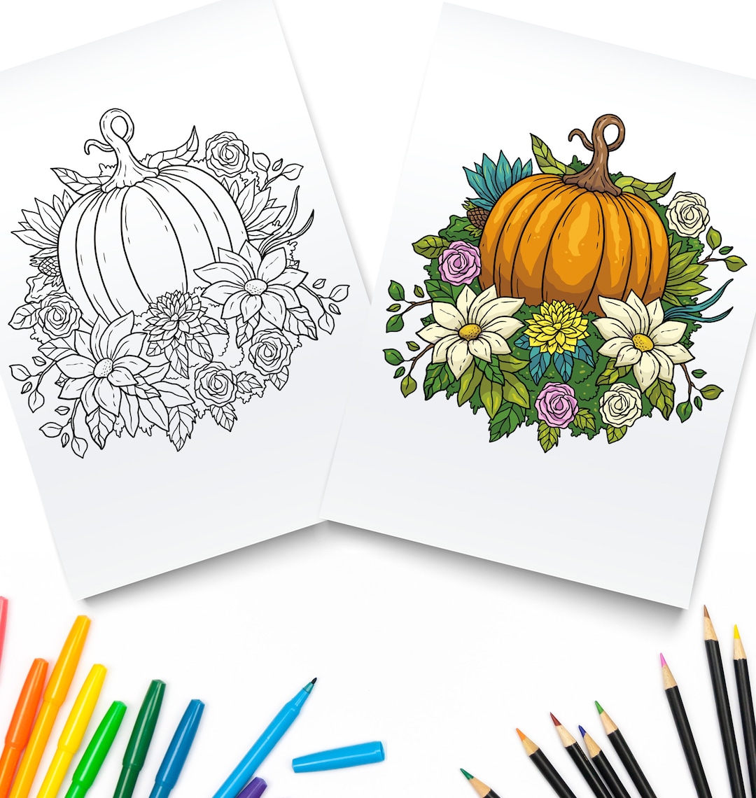 Pumpkin Fall Coloring Page / Floral Digital Download / Fall Harvest PDF ...
