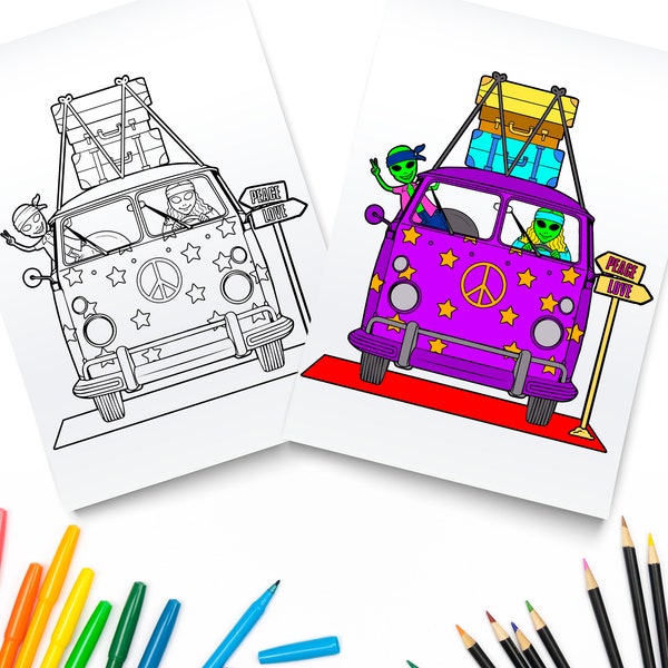 Hippie Van Coloring Sheet - Etsy