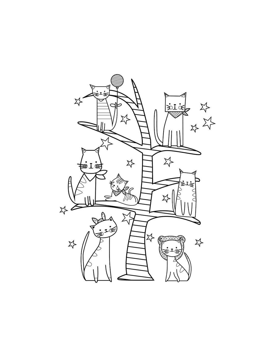 Printable Cats on Tree Branches / Digital Download / Cute Cats Coloring ...