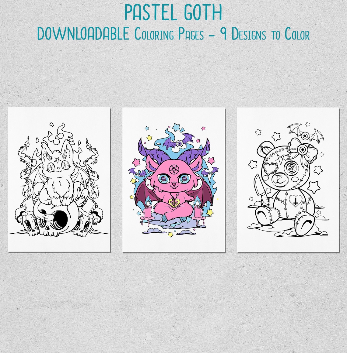 Printable Pastel Goth Coloring Pages / Demon Cat / Scary Cute - Etsy