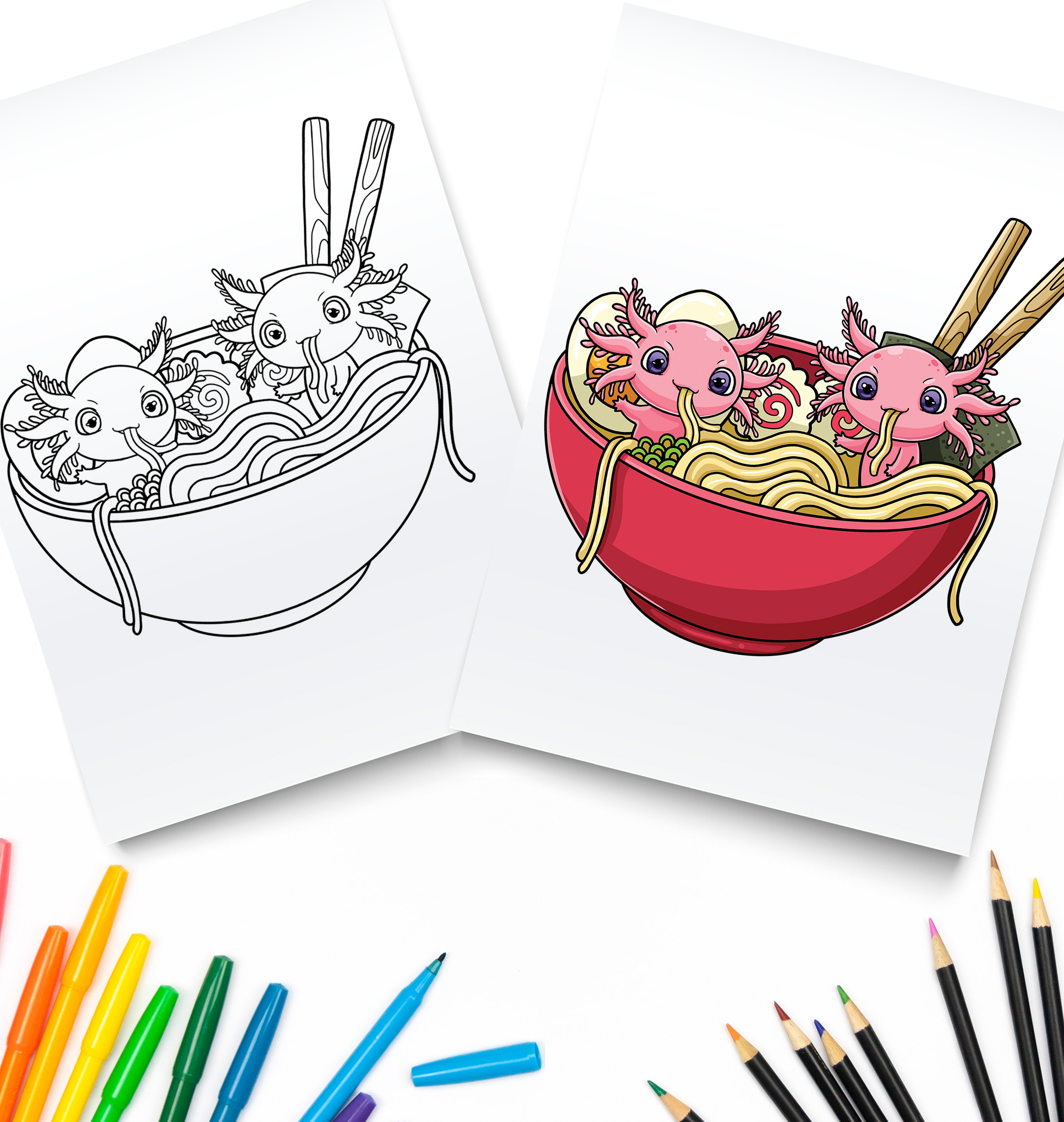 Cute Axolotl Coloring Page / Ramen Digital Download / Axolotls Kawaii ...