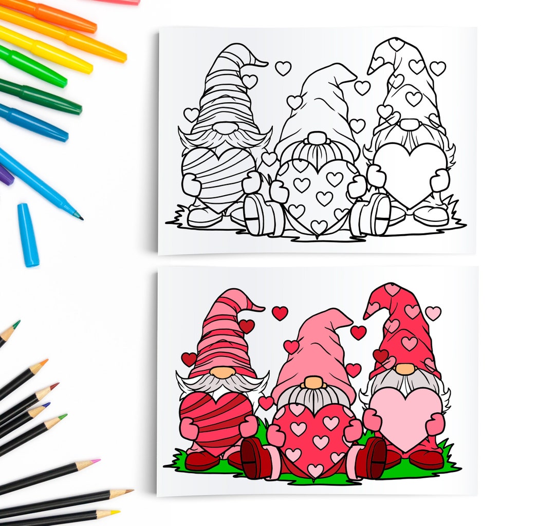 Valentines Gnomes Printable Coloring / Kids Valentines Day Downloadable ...