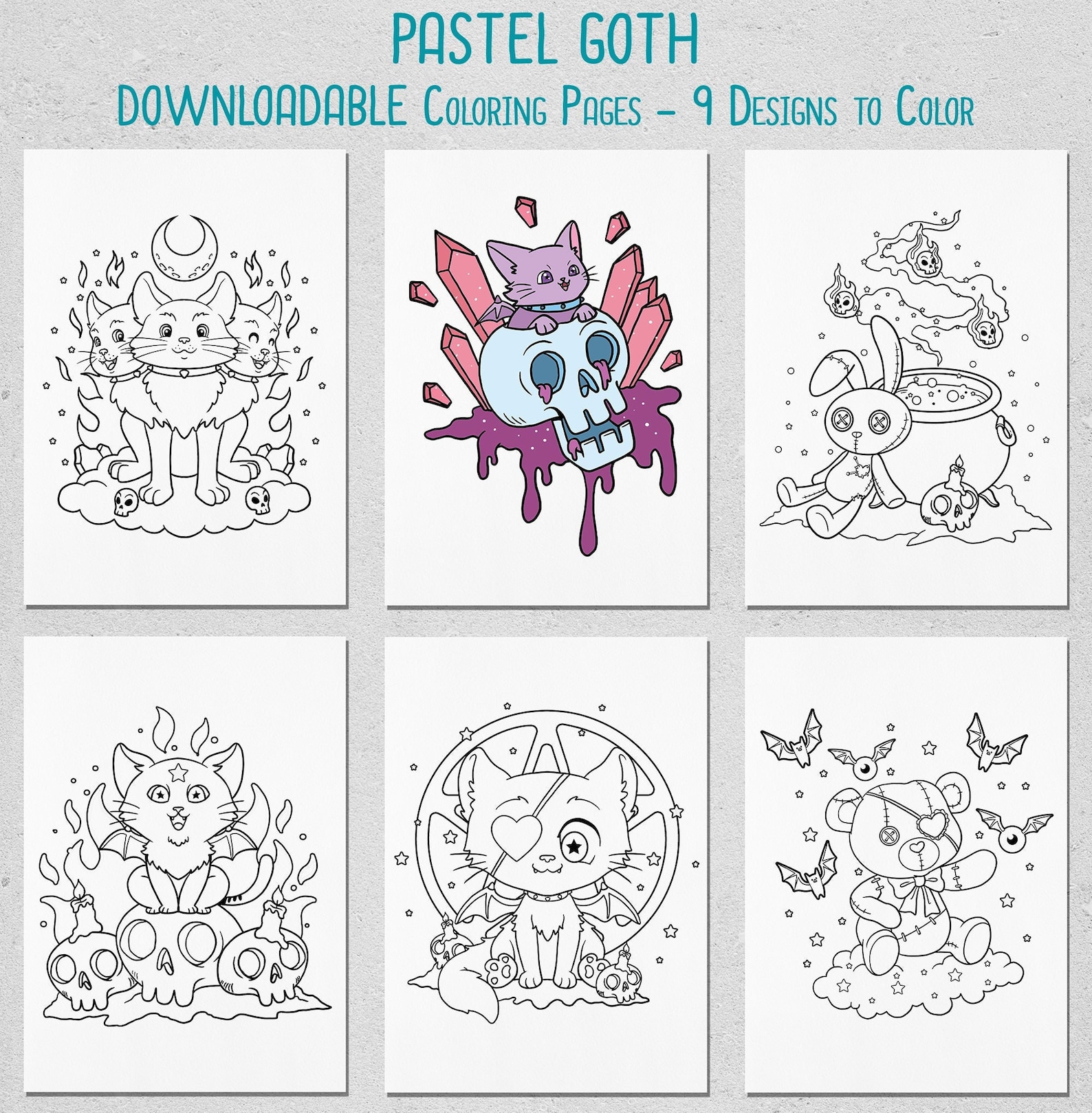 Printable Pastel Goth Coloring Pages / Demon Cat / Scary Cute Teddy ...