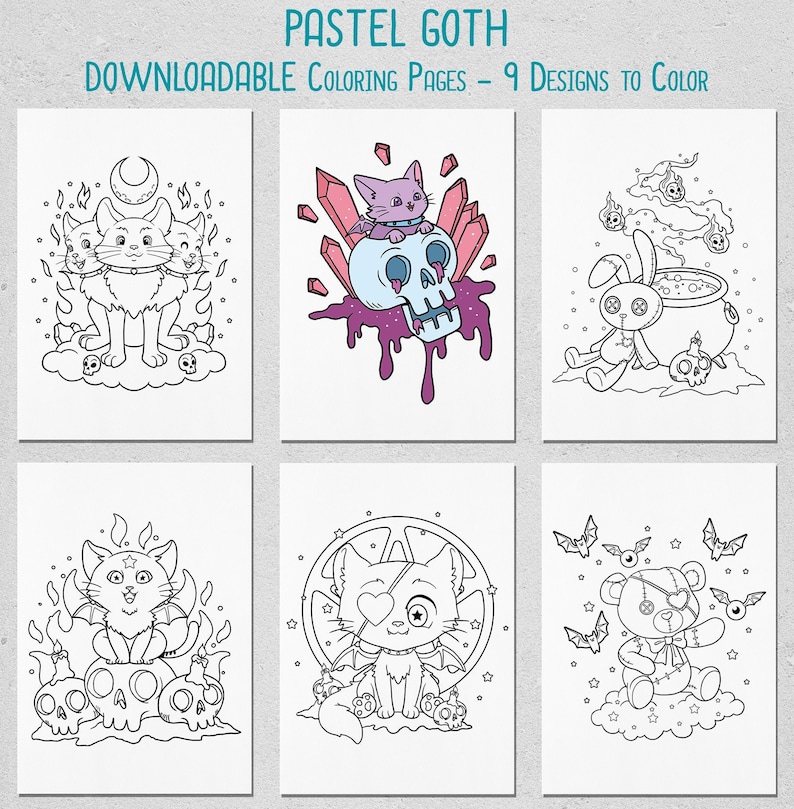 Printable Pastel Goth Coloring Pages / Demon Cat / Scary Cute Teddy ...
