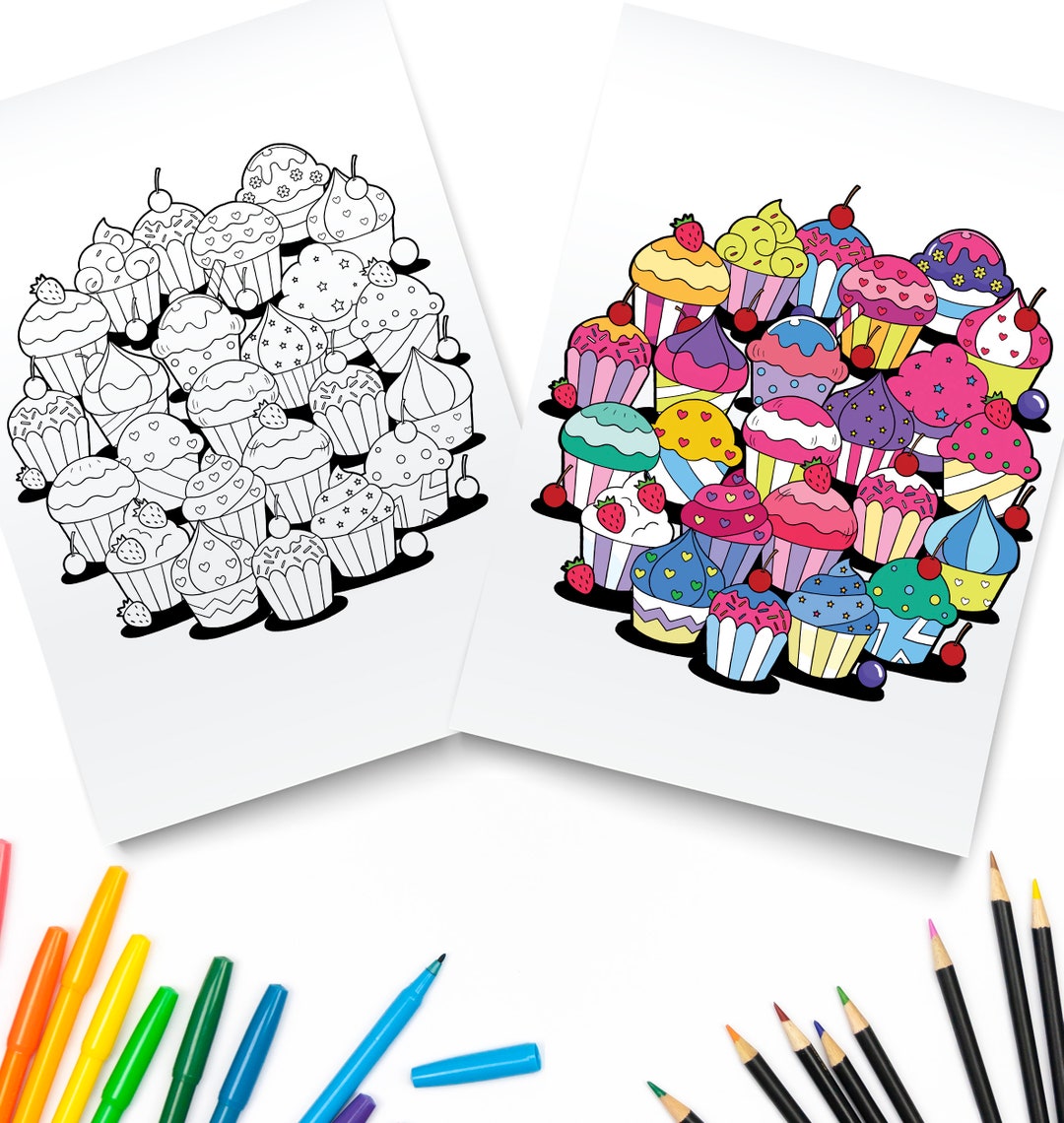 Cupcakes Coloring Page / Digital Download / Kawaii Cupcakes / Dessert ...