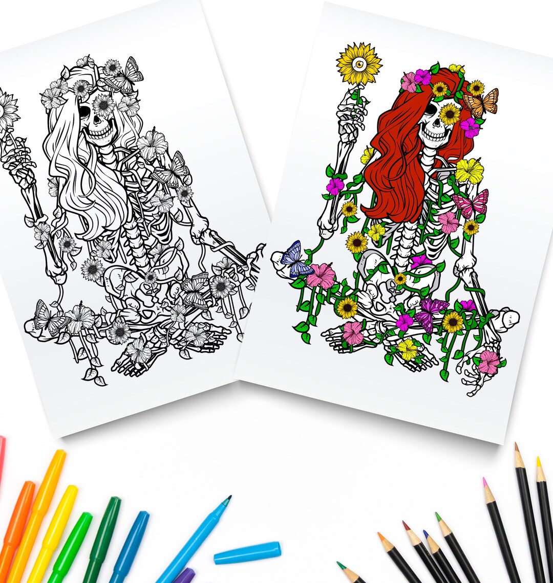 Skeleton Coloring Page / Halloween Coloring / Hippie Coloring Download ...