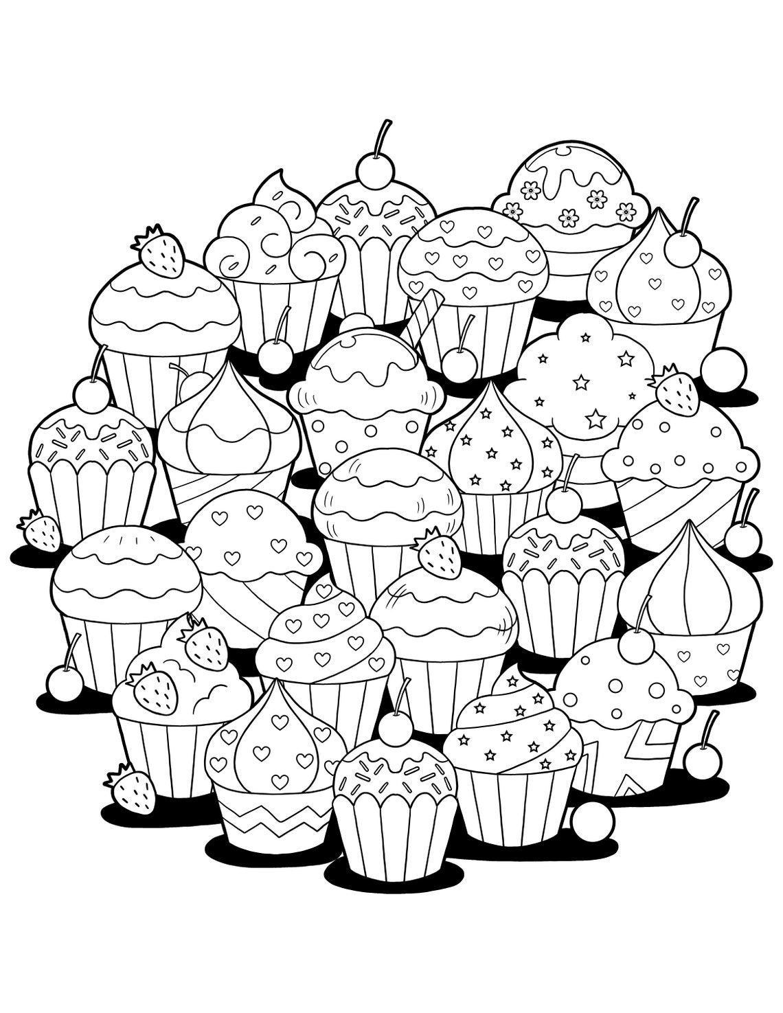 Cupcakes Coloring Page / Digital Download / Kawaii Cupcakes / Dessert ...