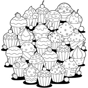 Cupcakes Coloring Page / Digital Download / Kawaii Cupcakes / Dessert ...