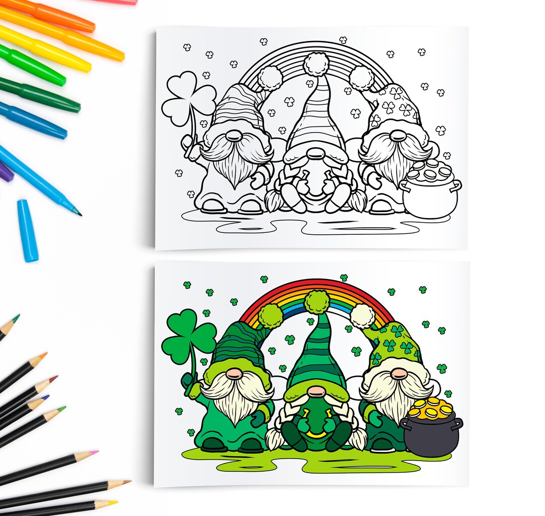 St Patricks Printable Coloring / Lucky Gnomes Downloadable / Kids St ...