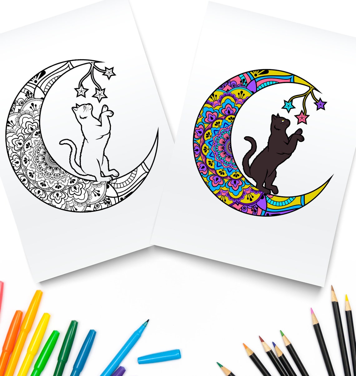 Cat Moon Printable PDF / Celestial Coloring Pages / Digital Download ...