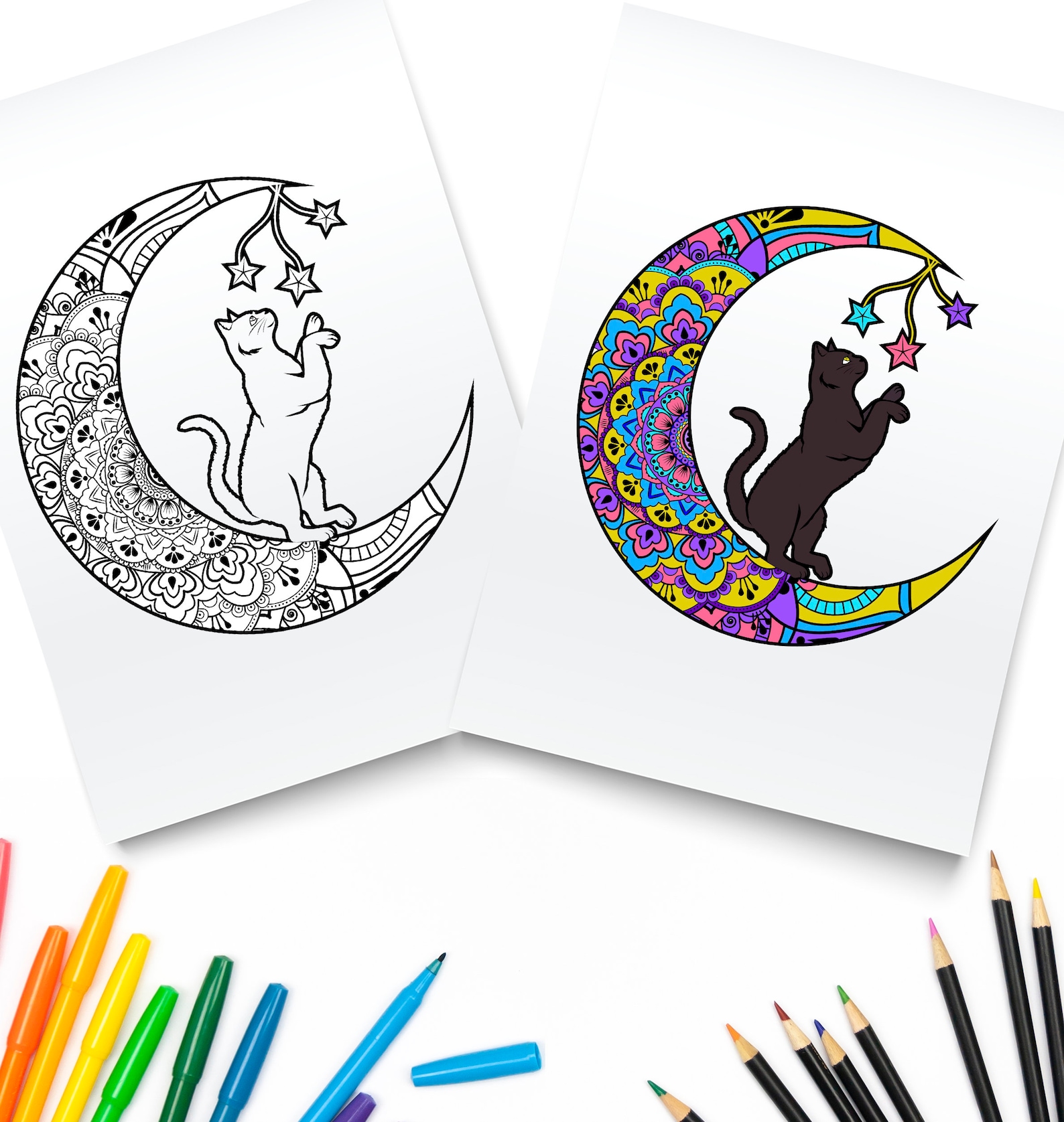 Cat Moon Printable PDF / Celestial Coloring Pages / Digital - Etsy