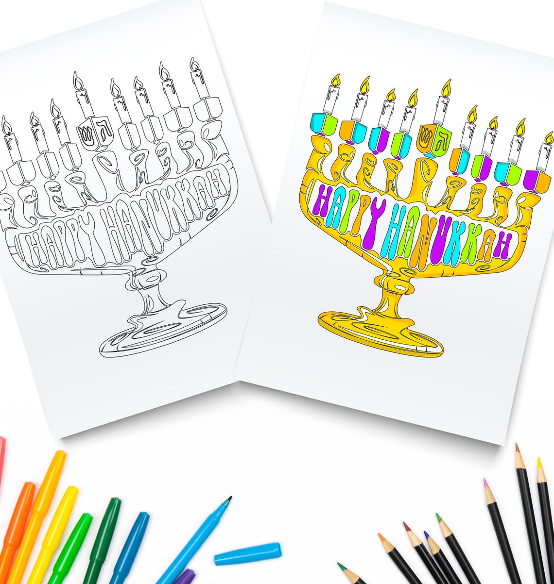 Happy Hanukkah Coloring Page / Digital Download / Chanukah Menorah ...