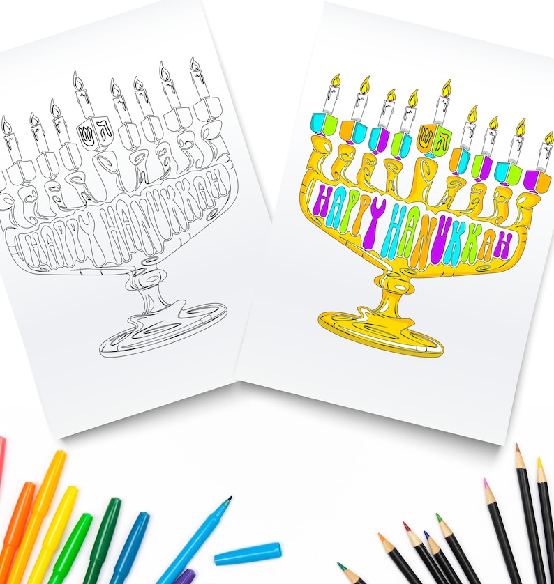 Happy Hanukkah Coloring Page / Digital Download / Chanukah Menorah ...