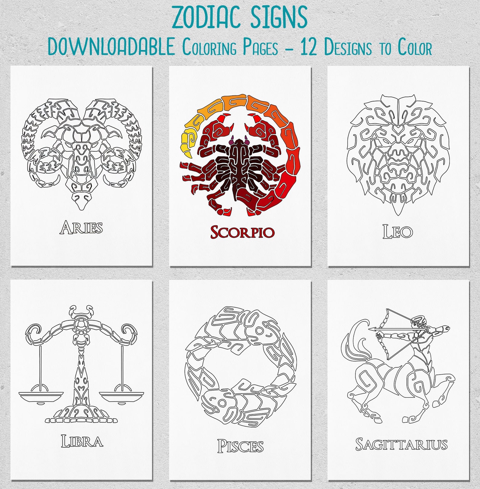 Printable Zodiac Art / Zodiac Sigs Adult Coloring Pages / Digital ...