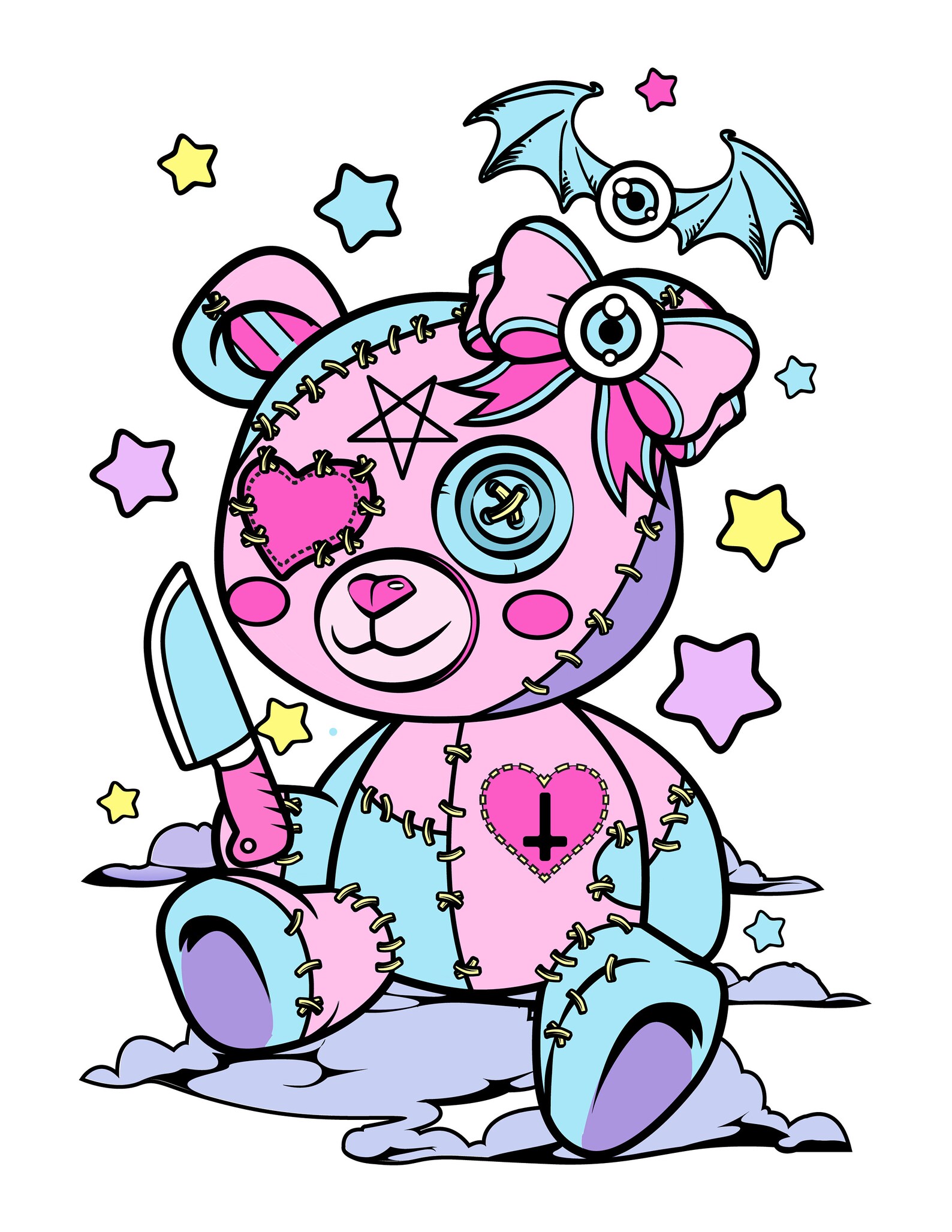 Pastel Goth Coloring Page / Creepy Teddy Bear Digital Download / Scary ...