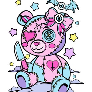 Pastel Goth Coloring Page / Creepy Teddy Bear Digital Download / Scary ...