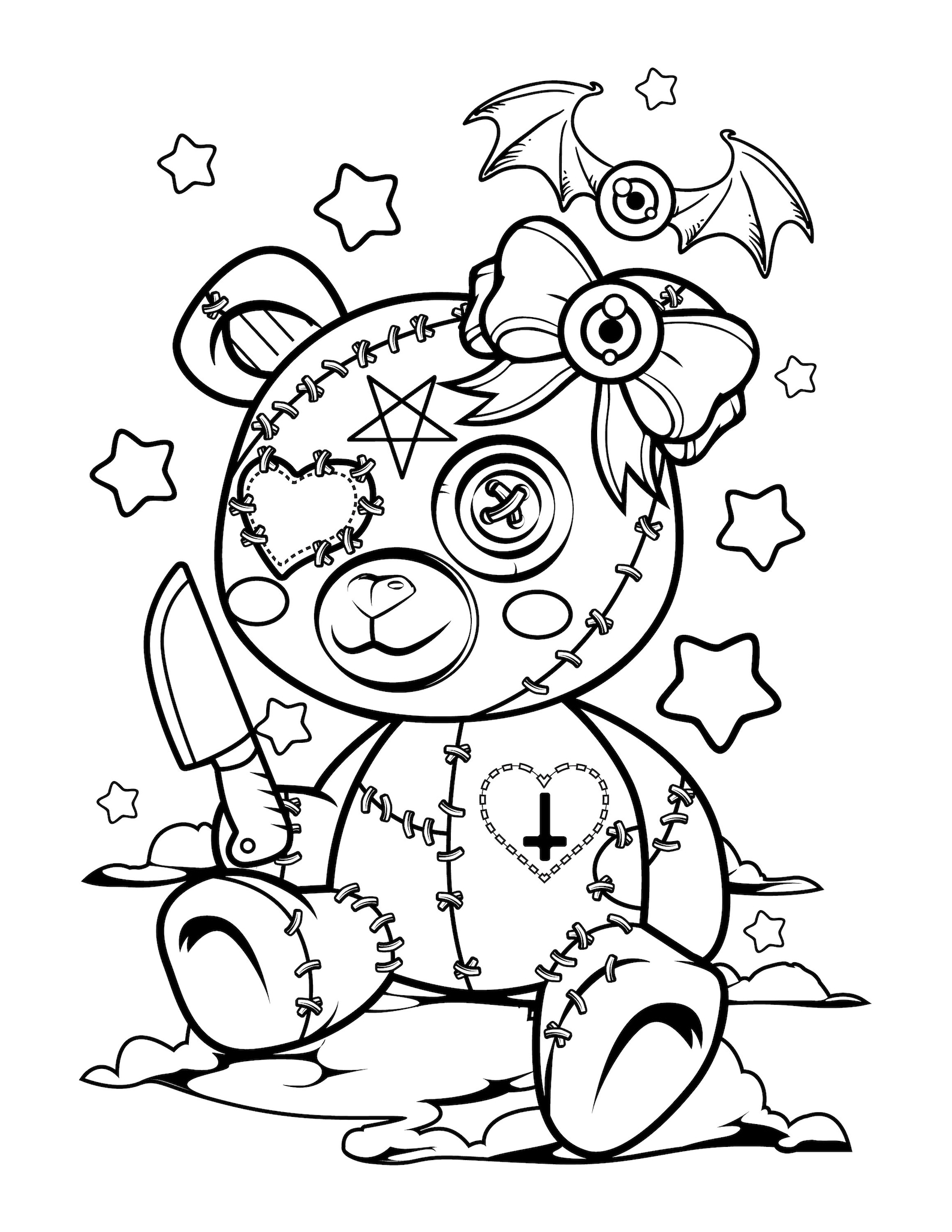 Pastel Goth Coloring Page / Creepy Teddy Bear Digital Download / Scary ...