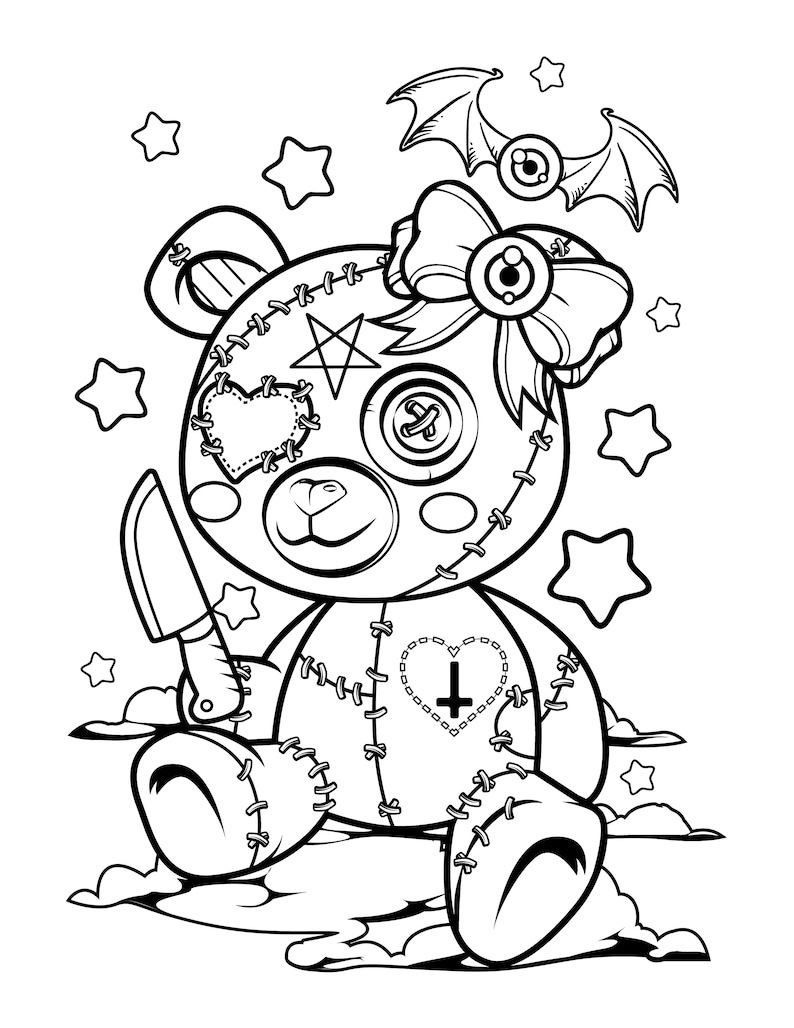 Pastel Goth Coloring Page / Creepy Teddy Bear Digital Download / Scary ...