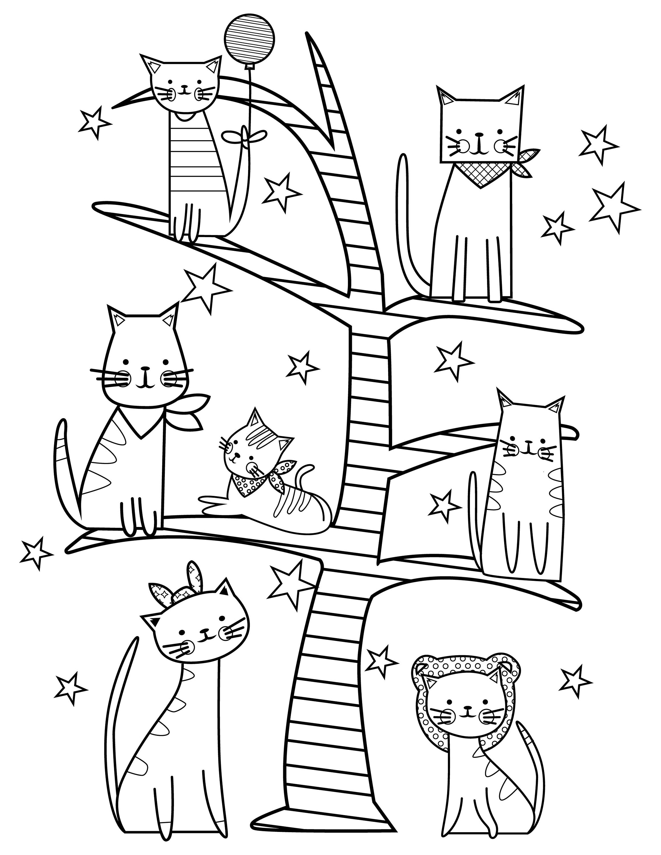 Printable Cats on Tree Branches / Digital Download / Cute Cats Coloring ...
