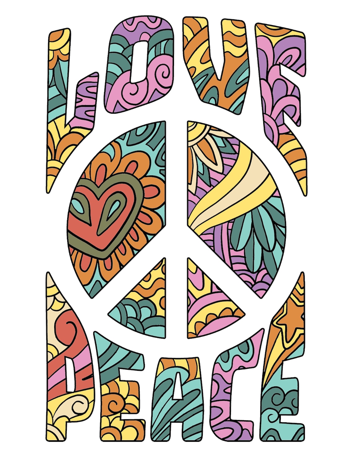 Love Peace Printable Coloring Page / Coloring Page PDF / Hippie ...