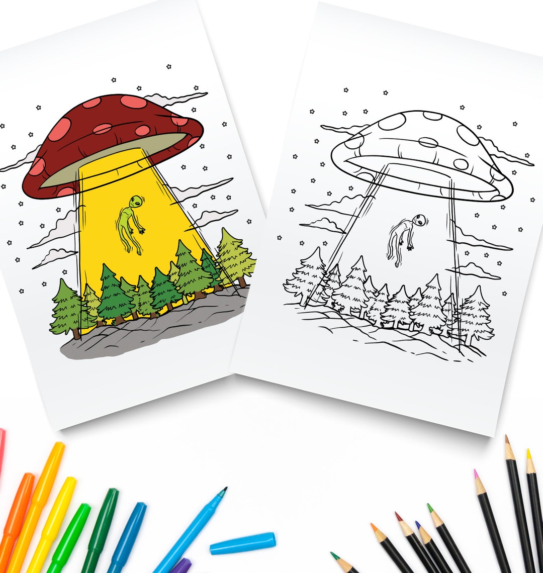 Printable Magic Mushroom Alien Abduction / Mushroom UFO / Digital ...