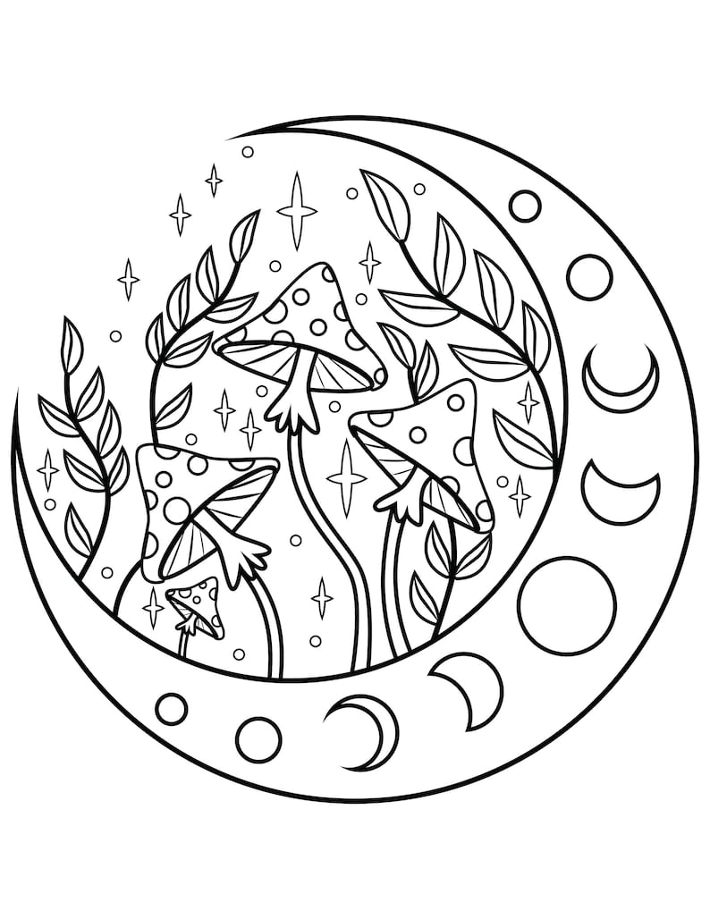 Trippy Coloring Pages / Magic Mushroom Printable PDF / Moon Phases ...