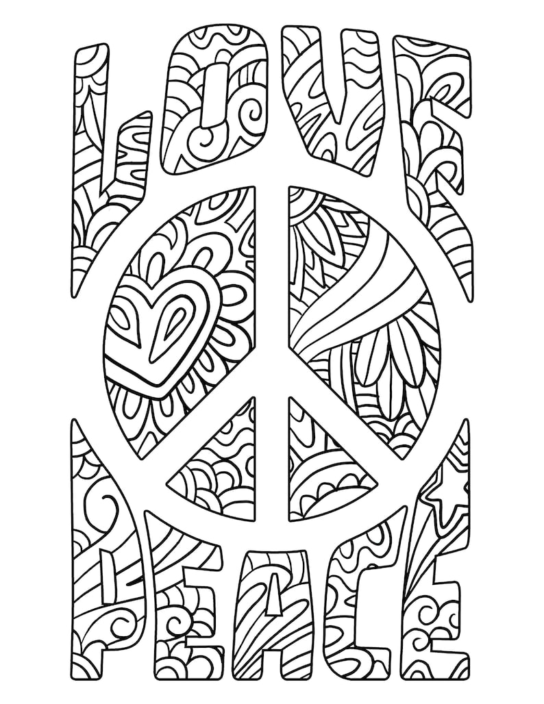 Love Peace Printable Coloring Page / Coloring Page PDF / Hippie ...