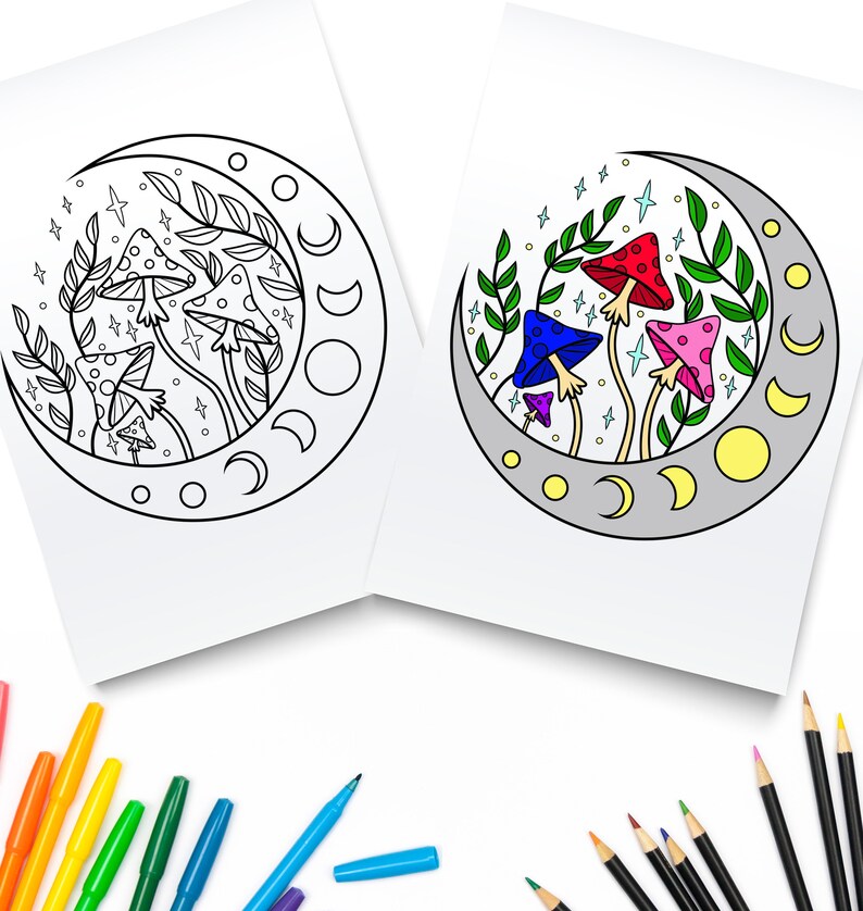 Trippy Coloring Pages / Magic Mushroom Printable PDF / Moon Phases ...