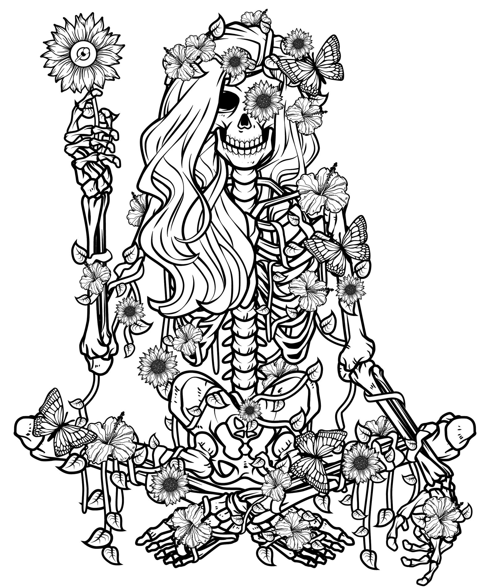 Skeleton Coloring Page / Halloween Coloring / Hippie Coloring Download ...