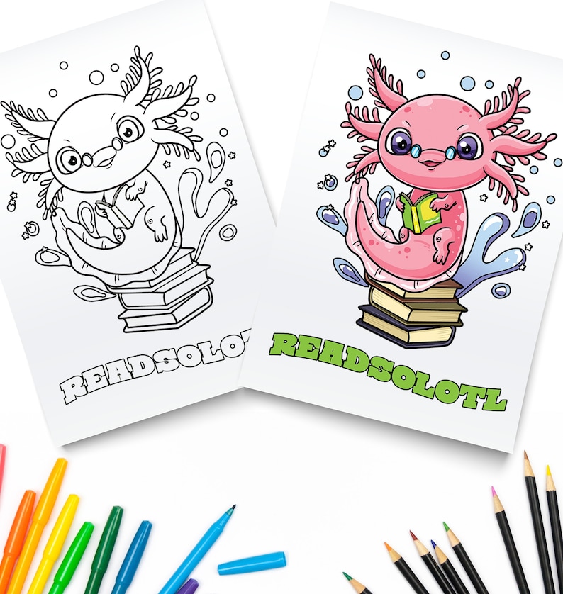 Cute Axolotl Coloring Page / Reading Digital Download / Axolotls Kawaii ...