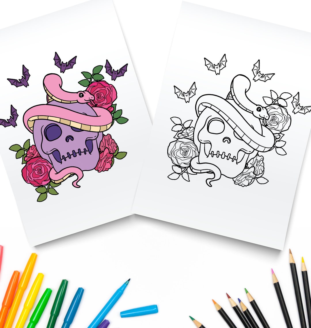 Pastel Goth Coloring Pages / Snake Skull and Rose / Digital Download ...