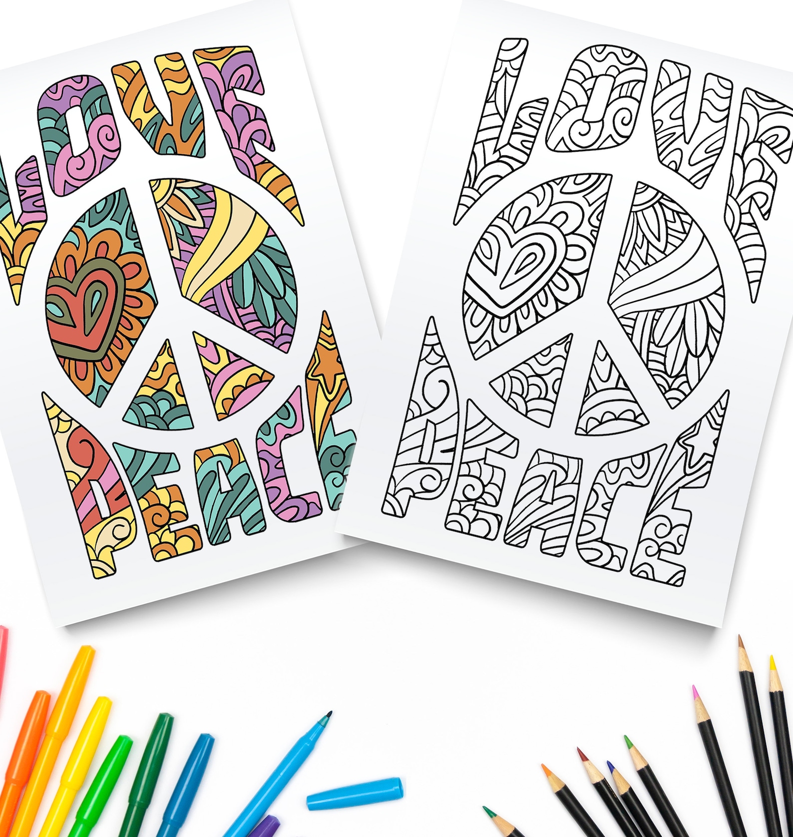 Love Peace Printable Coloring Page / Coloring Page PDF / Hippie ...