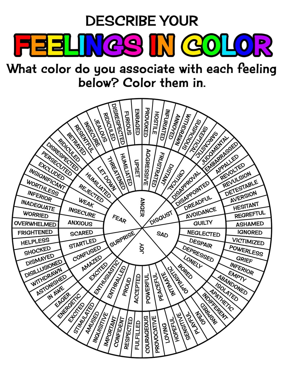 Emotions Wheel Coloring Page / Digital Download / Feelings Wheel PDF ...