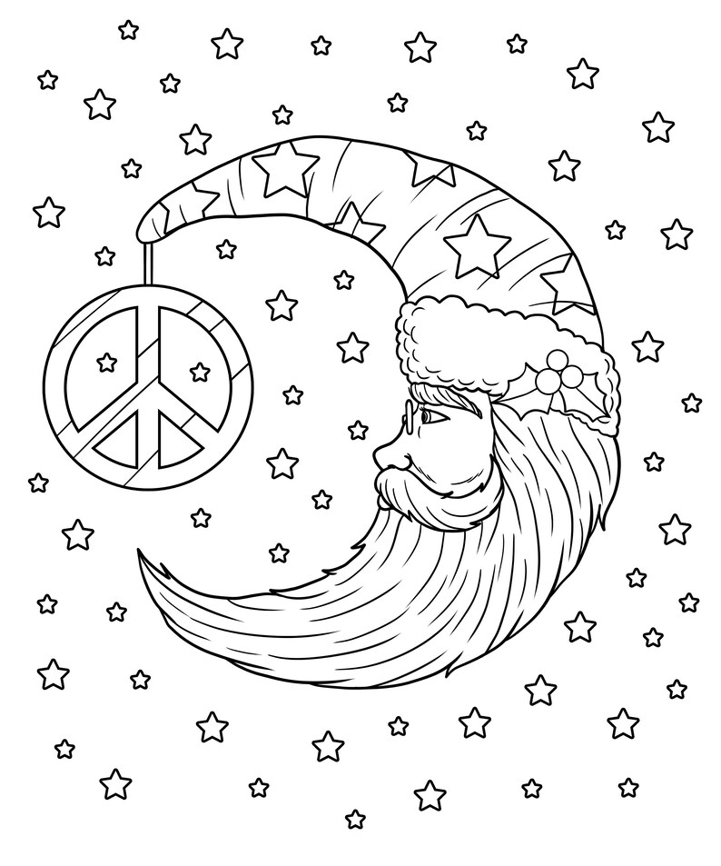 Santa Peace Sign Coloring Page / Christmas Coloring / Crescent Moon Art ...