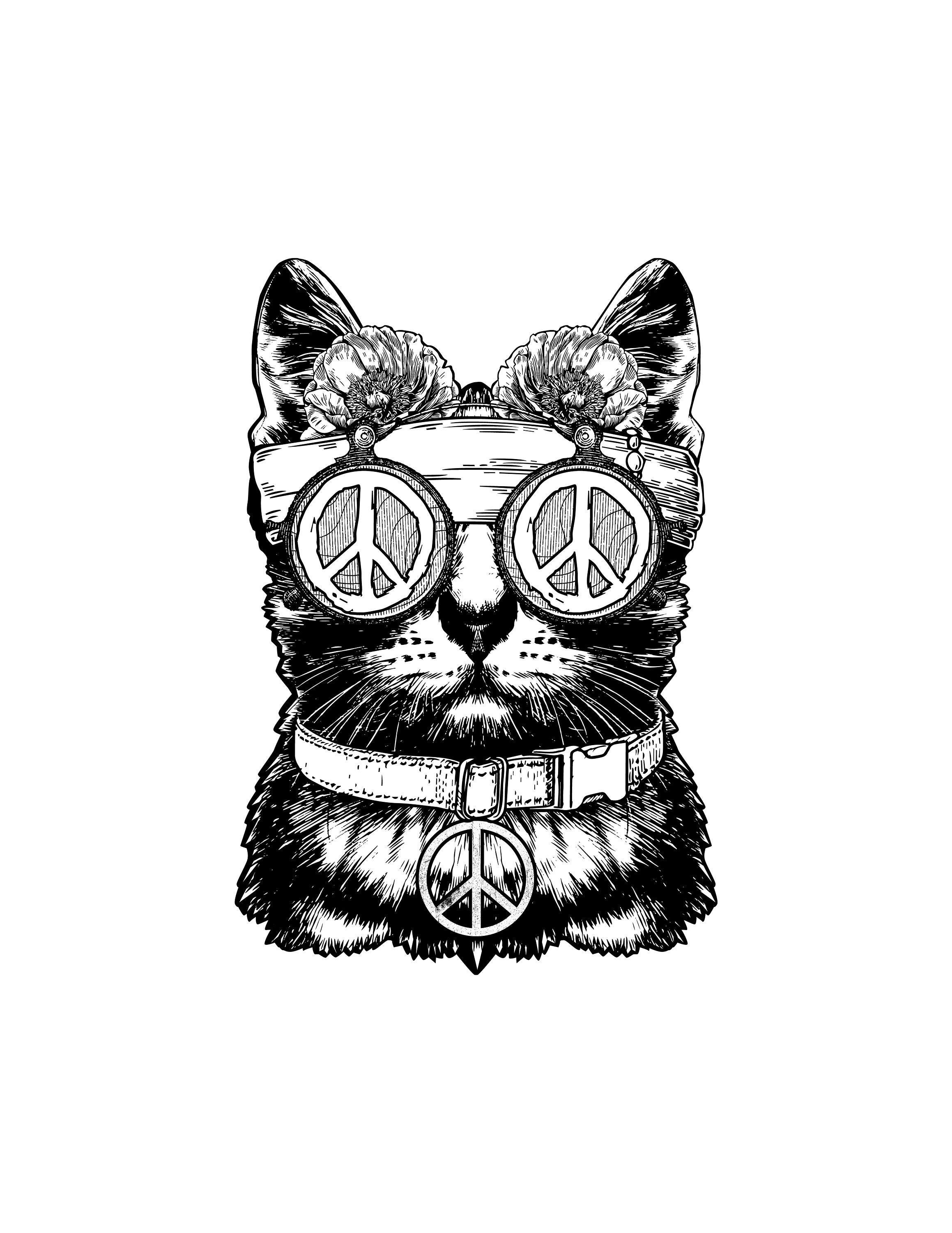 Hippie Cat Peace Sign Printable / Digital Download / Retro Cat Coloring ...
