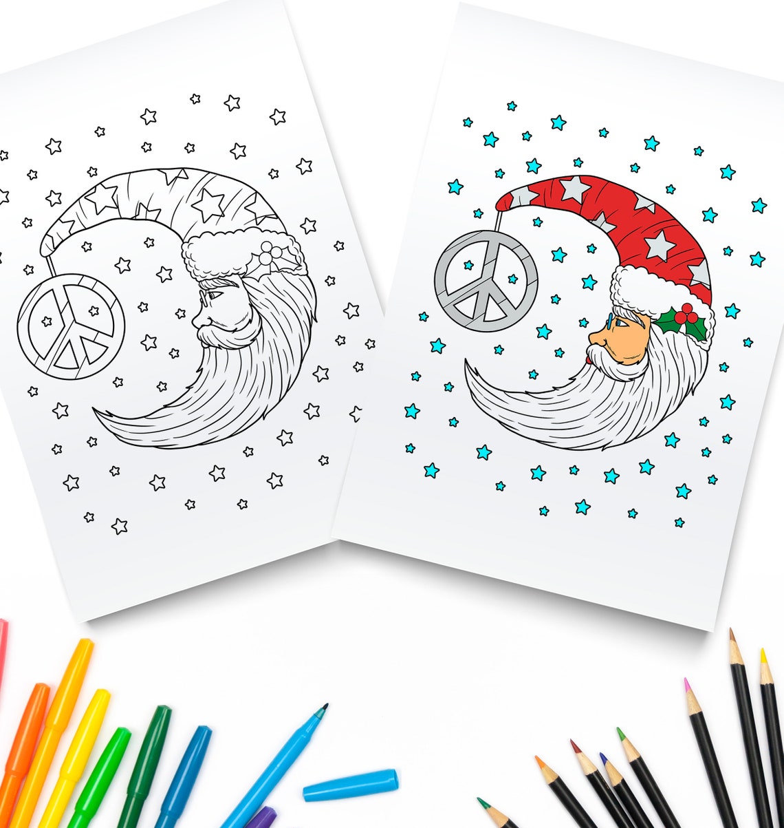 Santa Peace Sign Coloring Page / Christmas Coloring / Crescent Moon Art ...