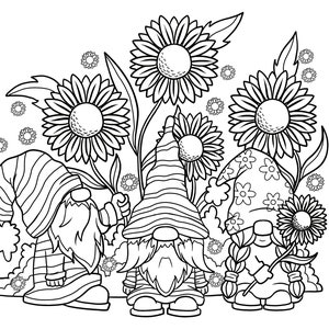 Gnomes Coloring Page / Sunflower Gnome / Adult Coloring / Kids Color ...