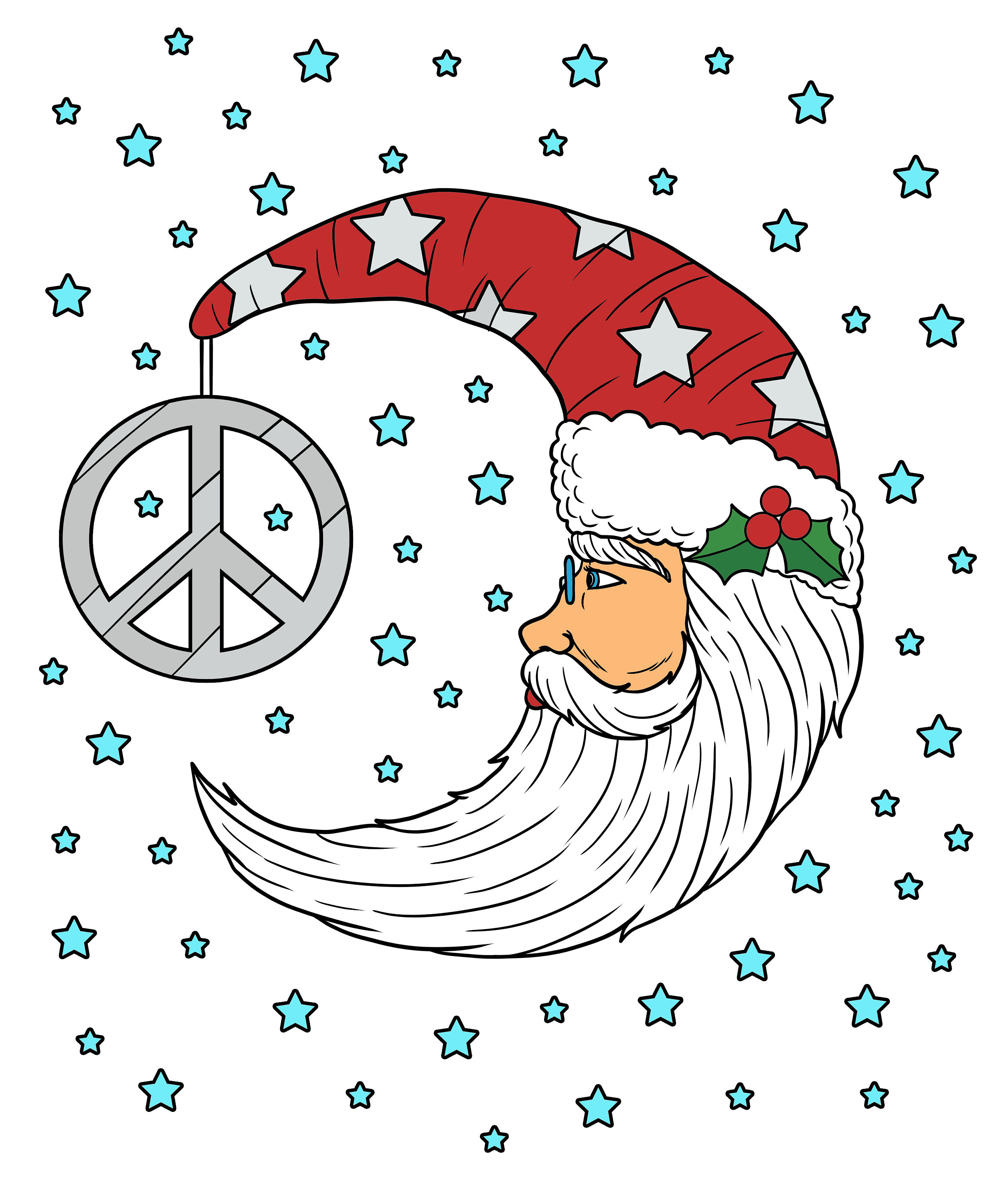 Santa Peace Sign Coloring Page / Christmas Coloring / Crescent Moon Art ...