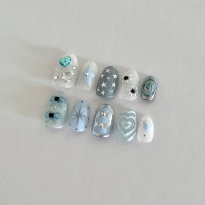 Summer Baby Blue Chrome Star Aura Press on Nail Art | Unique Cute ...