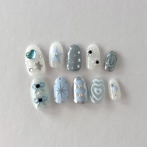 Summer Baby Blue Chrome Star Aura Press on Nail Art | Unique Cute ...