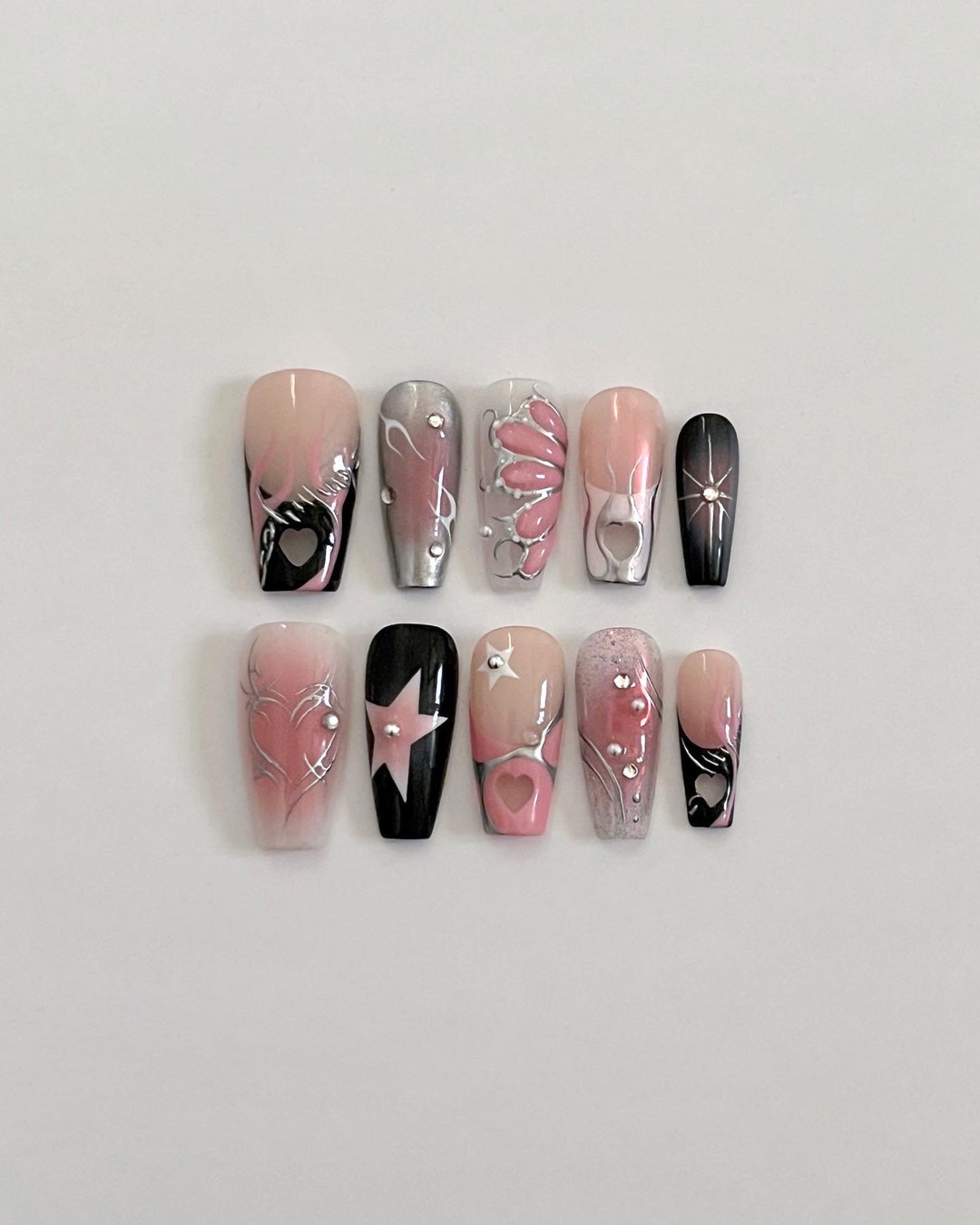 Black Pink Heart Press Ons | Unique Hand Painted Triabl Nail Art ...