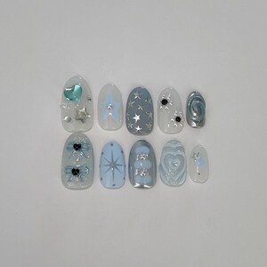 Summer Baby Blue Chrome Star Aura Press on Nail Art | Unique Cute ...