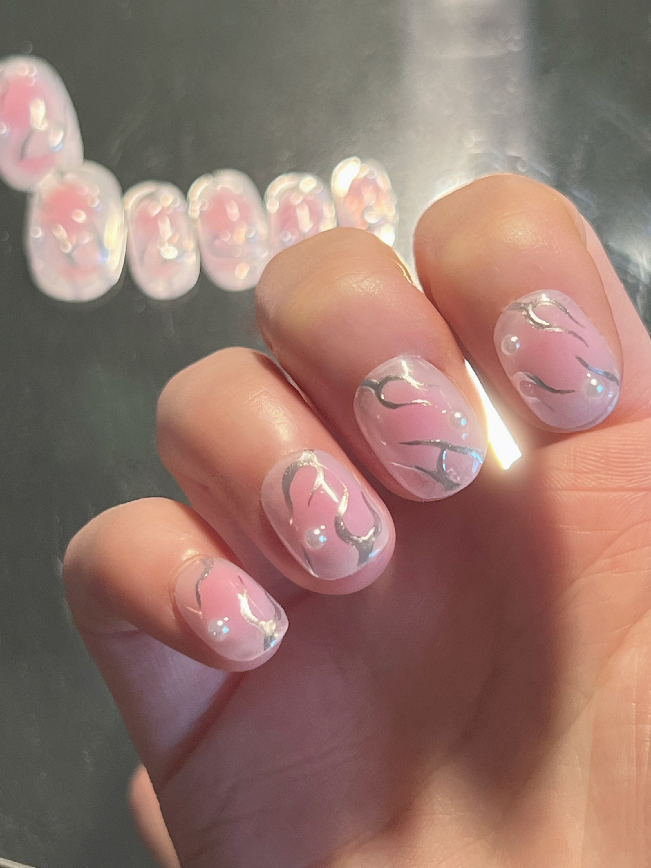 Y2K Gyaru Pink Air-brush Press Ons | Unique Chrome Tribal Short Fake ...