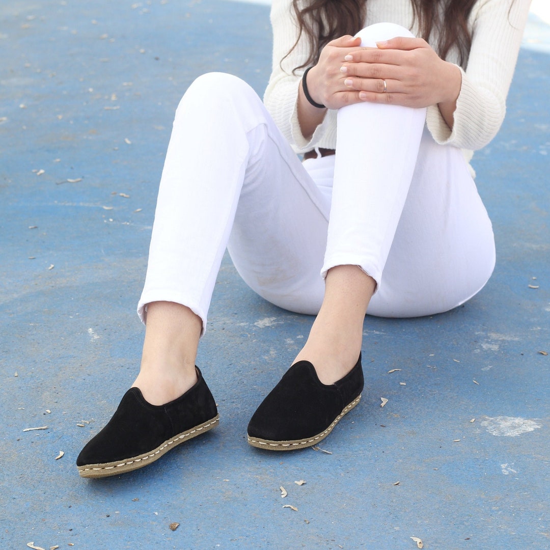 Women's Handmade Black Nubuck Leather Turkish Yemeni Shoes With Rubber ...