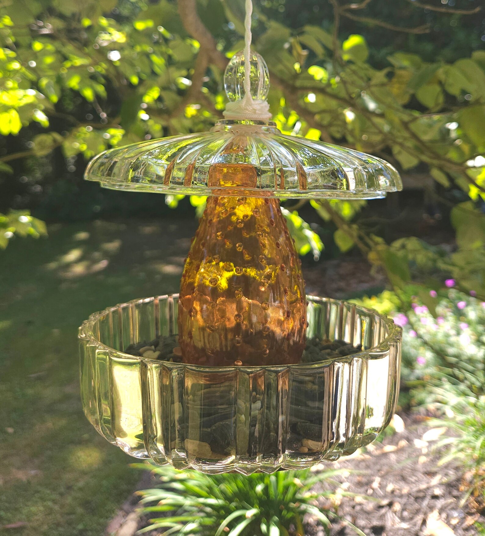Hanging Vintage Peach Glass Bird Feeder. Birds Love It Sparkling in the ...