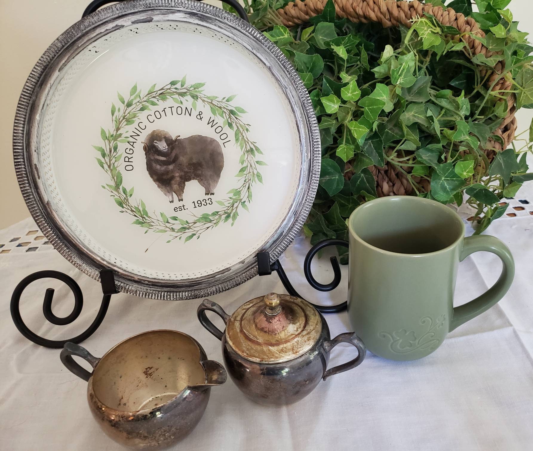 Farmhouse Sheep, Painted and Distressed Round Vintage Silver Plated ...