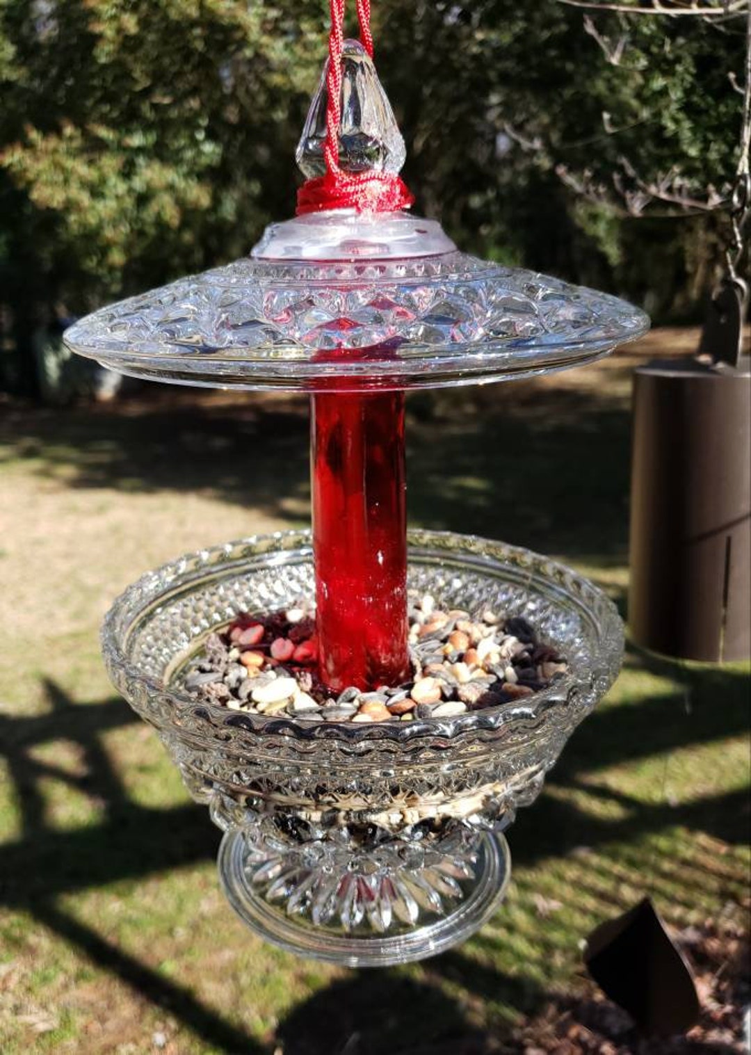 Hanging Vintage Red Glass Bird Feeder. Birds Love It Sparkling in the ...