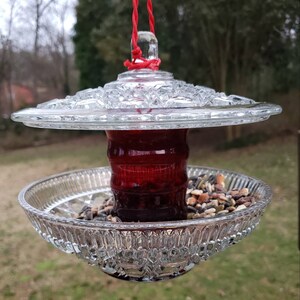 Hanging Vintage Red Glass Bird Feeder. Birds Love It Sparkling in the ...