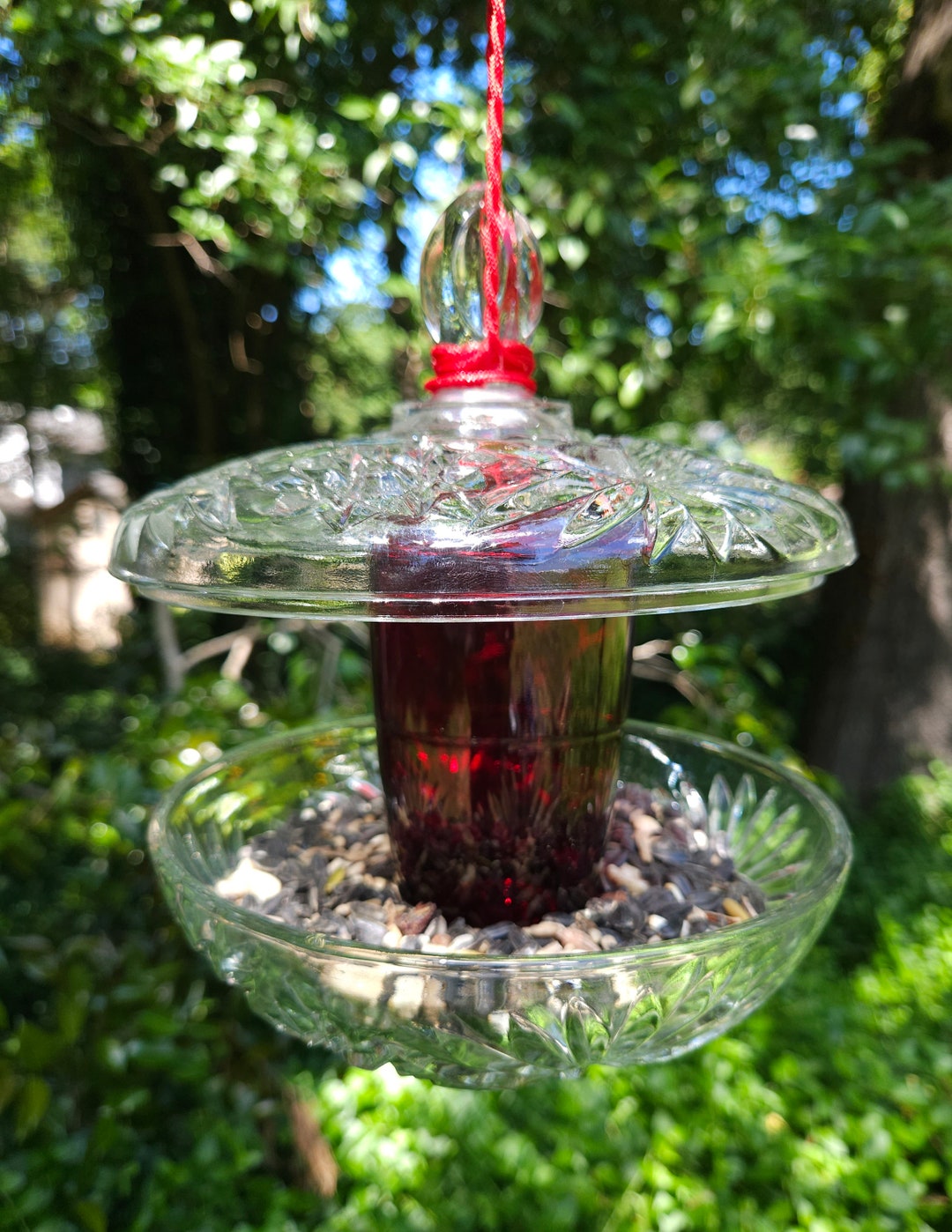 Hanging Vintage Red Glass Bird Feeder Birds Love It Sparkling In The Sun Cottagecore